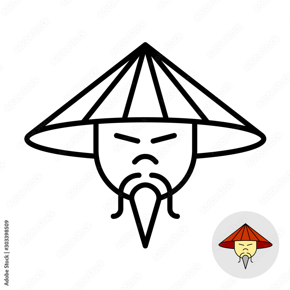 Chinese man in a straw conical hat line icon. Asian appearance man with ...