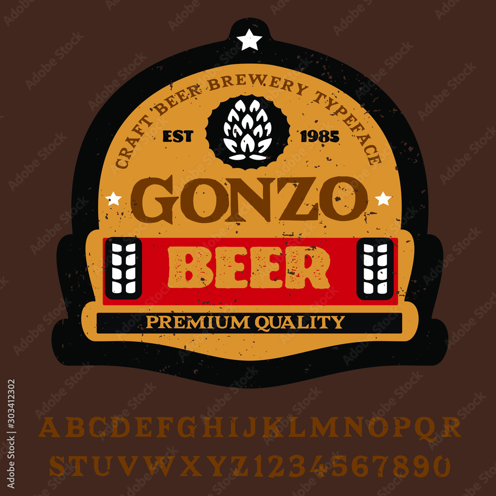 " beer " typeface. Vector hand crafted font in medieval style with hops ...