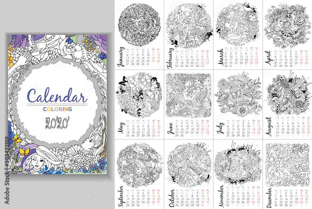 Monthly creative calendar 2020. Set of floral decorative element with ...