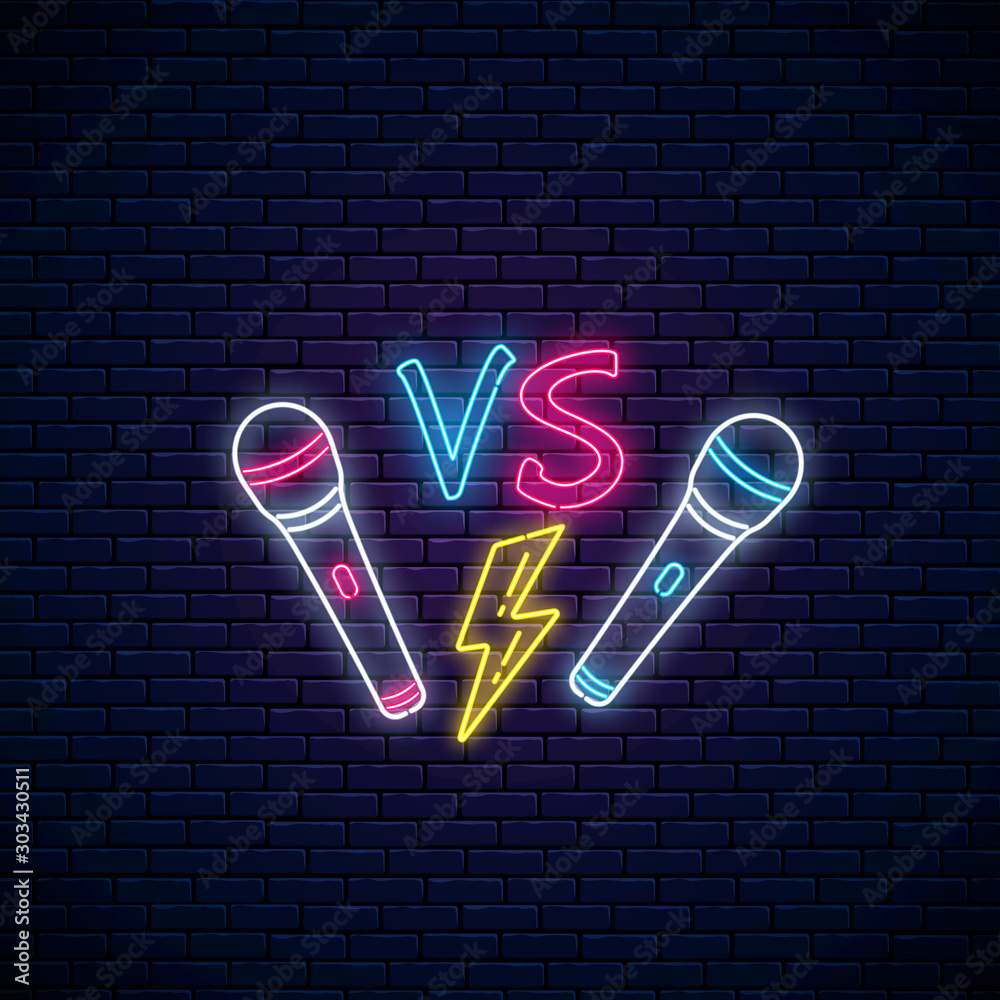 Rap battle neon sign with two microphones, lightning. Rap contest ...