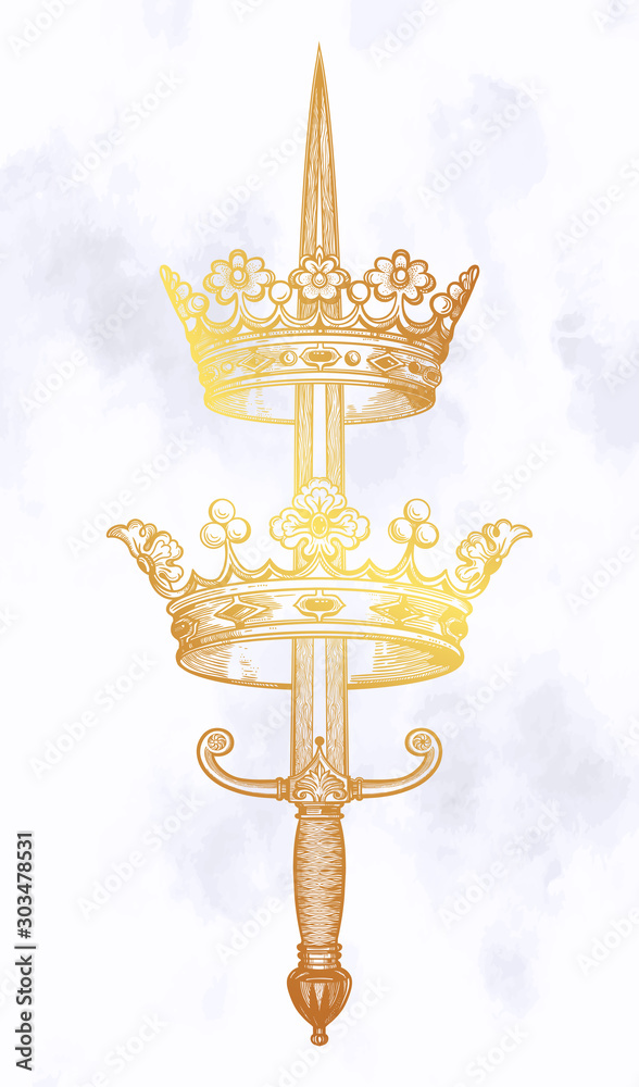 Ornate crowns pierced by the sword. Vintage gothic style inspired art ...