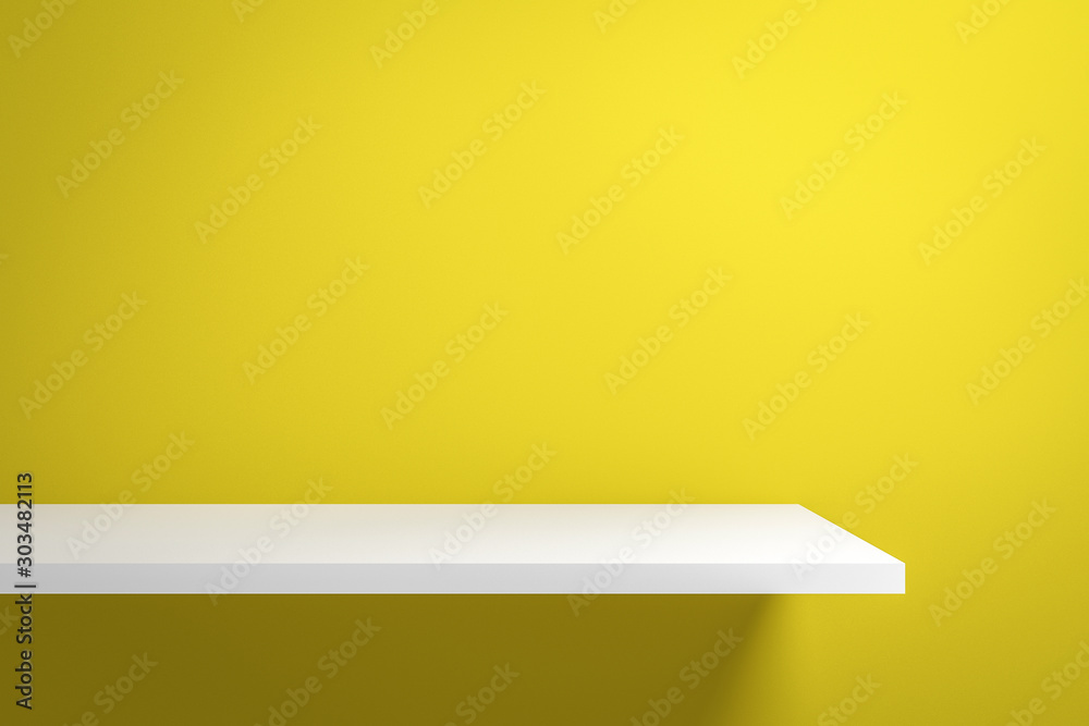 Front view of empty shelf on vivid yellow wall background with modern ...