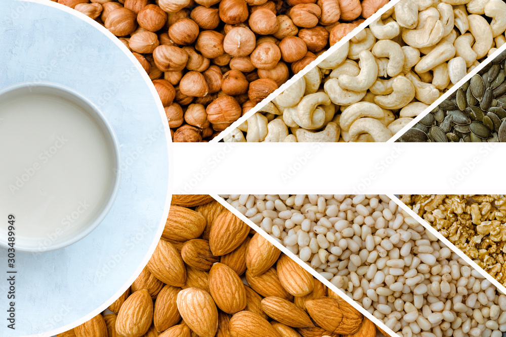 Collage of different nuts with cup of nuts milk. Food and drink, health ...