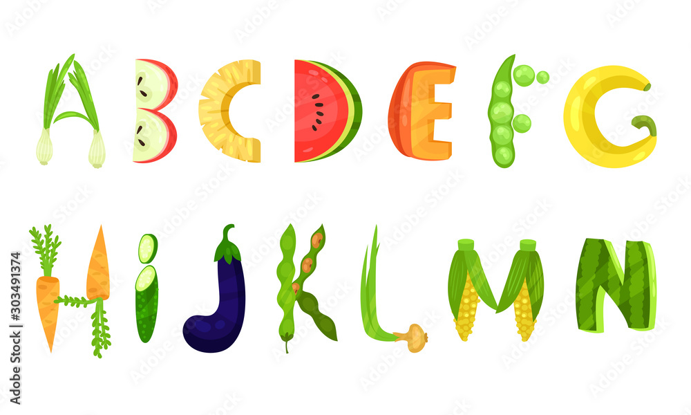 Vegetable and Fruits Vector Alphabet Letters Isolated On White ...
