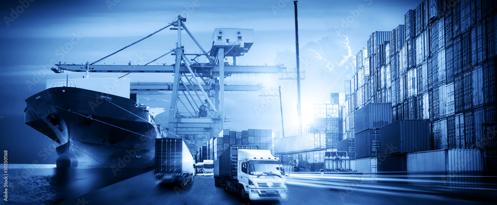 Container truck in ship port for business Logistics and transportation ...