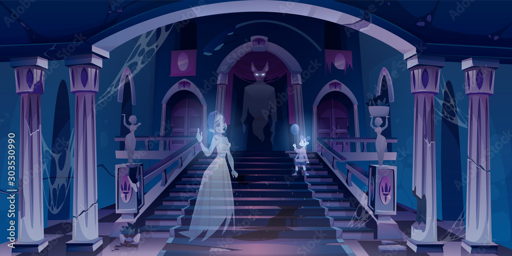 Old castle with ghosts flying in dark scary room with staircase ...