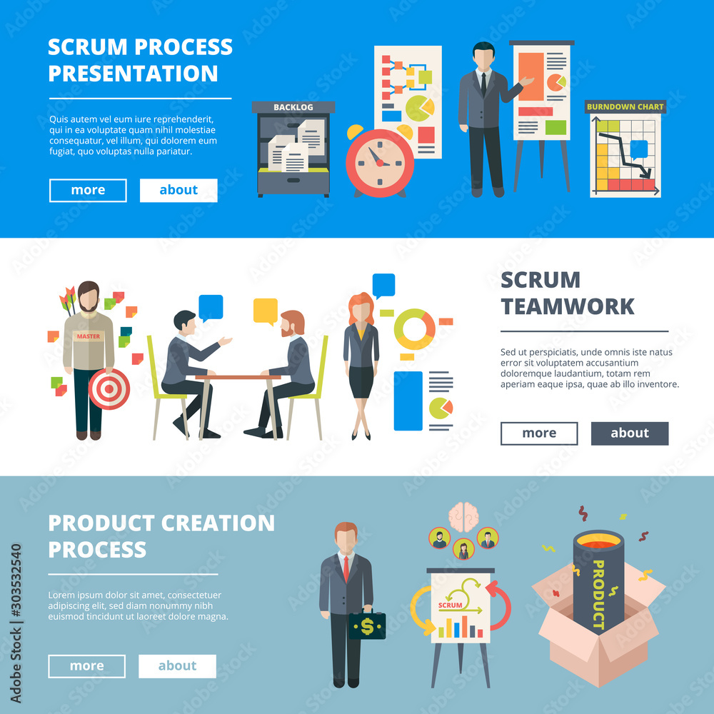 Scrum processes. Teamwork agile sprints software production ...