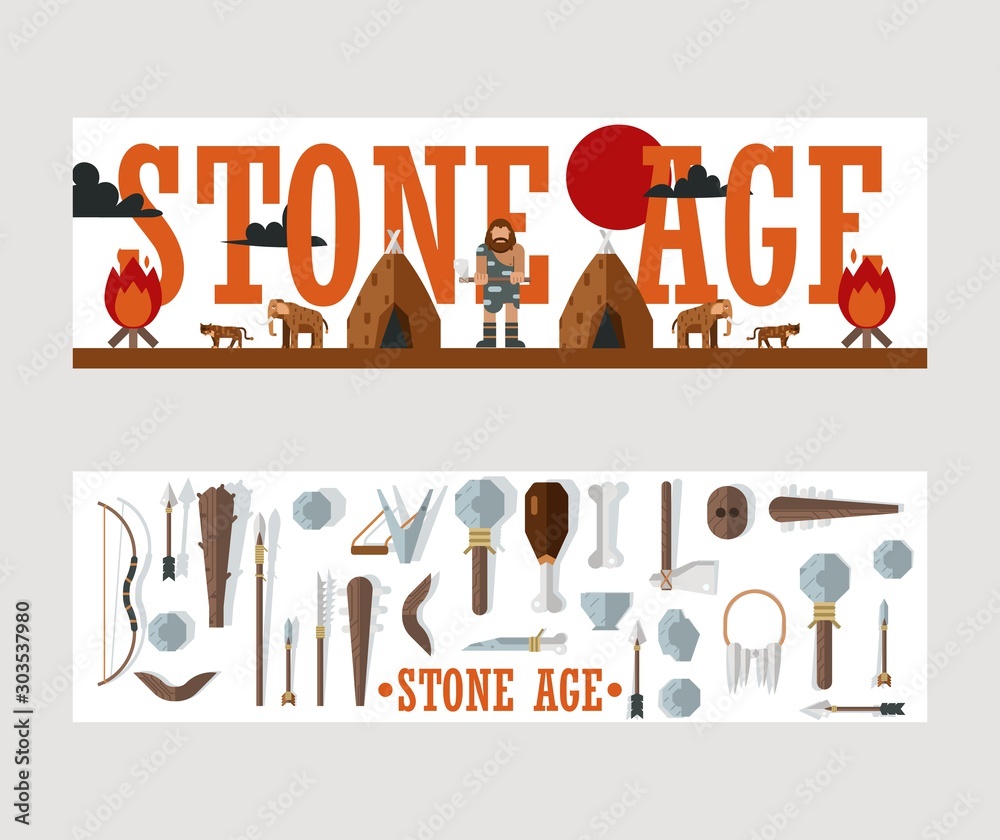Stone age banner, vector illustration for museum brochure, history book ...