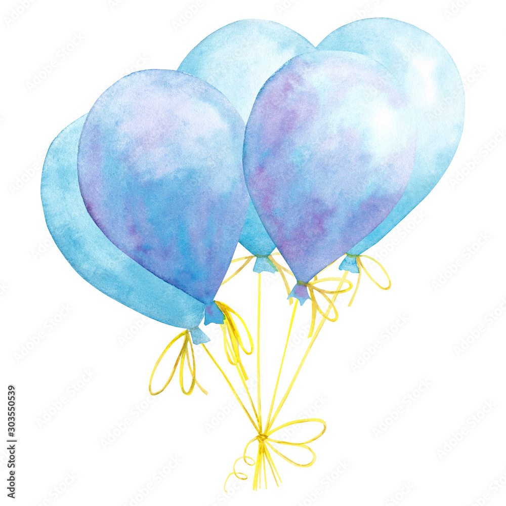 Watercolor hand drawn bunch of blue balloons isolated on white ...