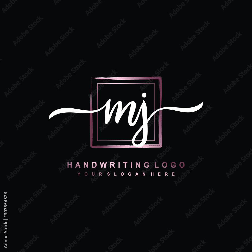 MJ Initial handwriting logo design with brush box lines dark pink color ...