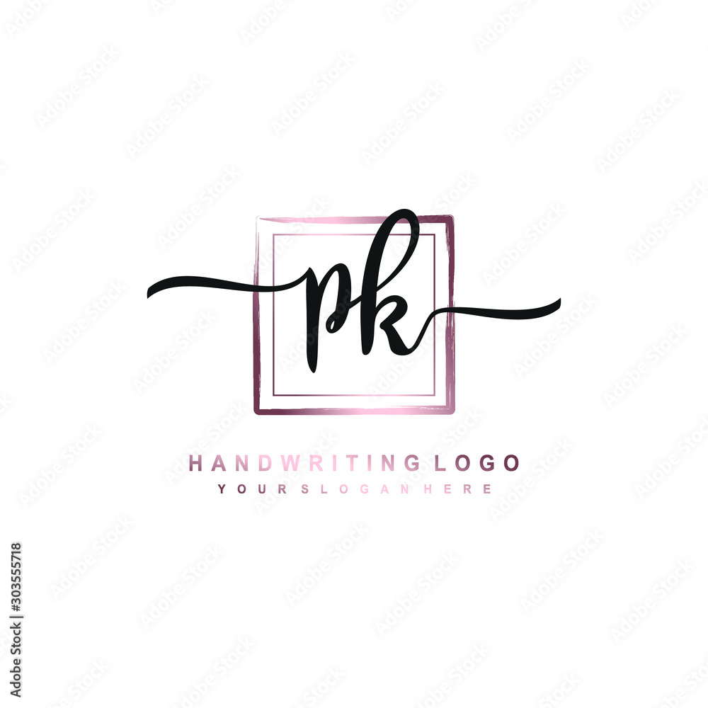 PK Initial handwriting logo design with brush box lines dark pink color ...