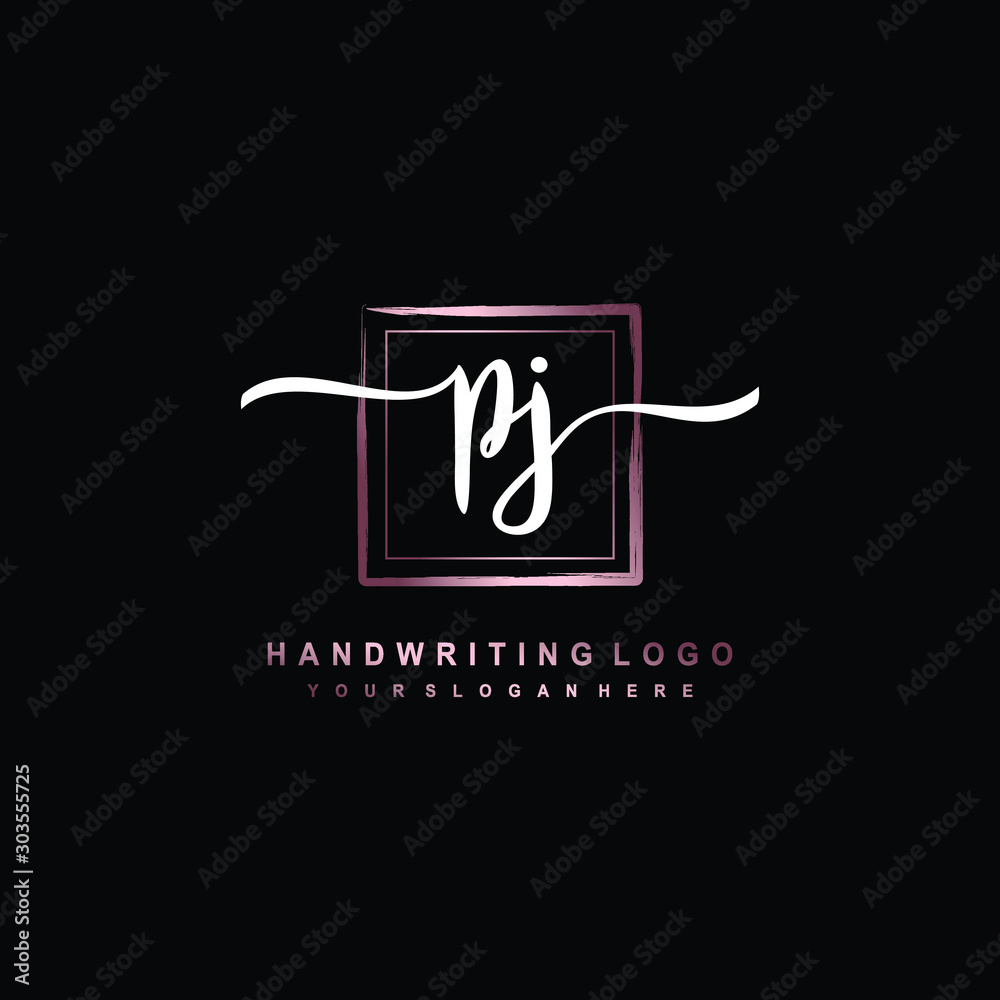 PJ Initial handwriting logo design with brush box lines dark pink color ...