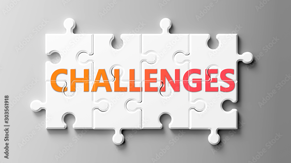 Challenges complex like a puzzle - pictured as word Challenges on a ...