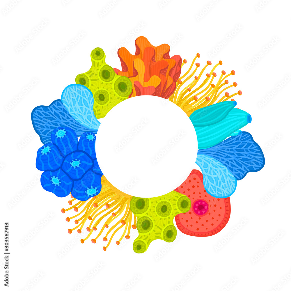 Vector circle frame with corals. Colorful sea or ocean life. Print on ...