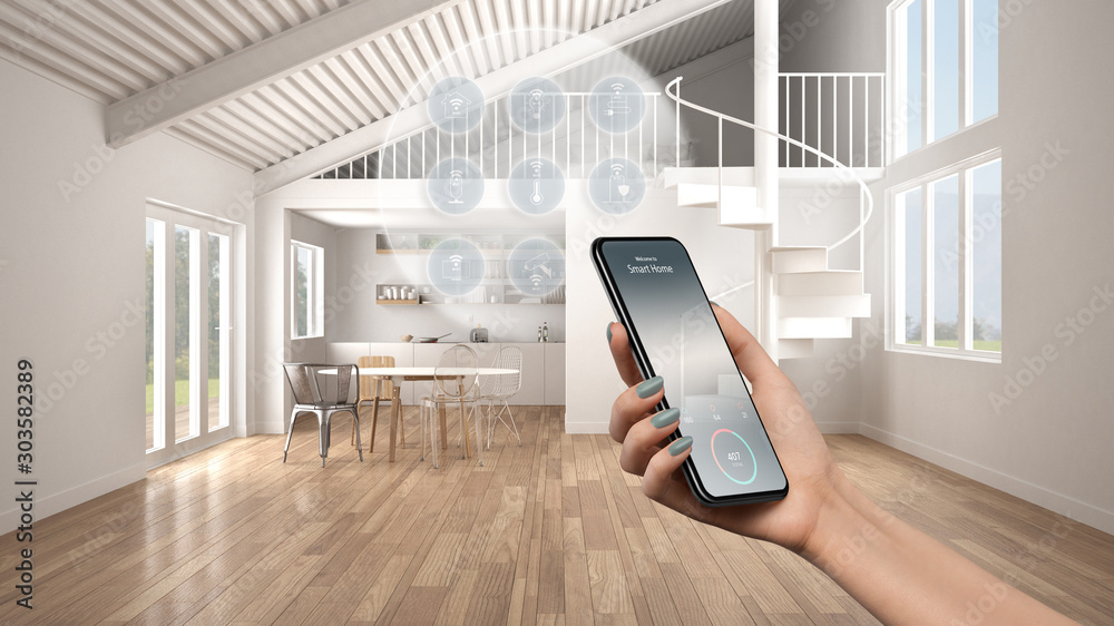 Smart home technology interface on phone app, augmented reality ...