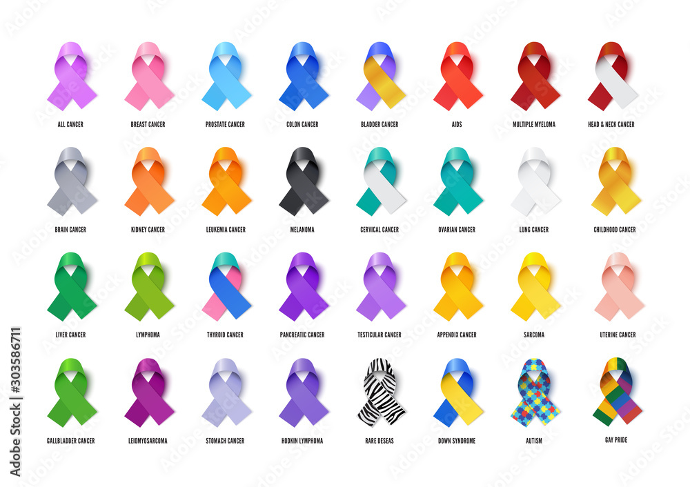 Awareness ribbons realistic vector illustrations set. Various medical ...