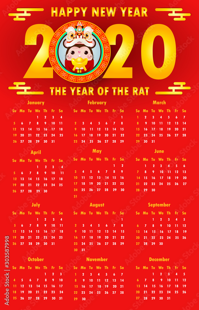 Calendar 2020. Chinese new year. Year of the rat. Concept with of asian ...