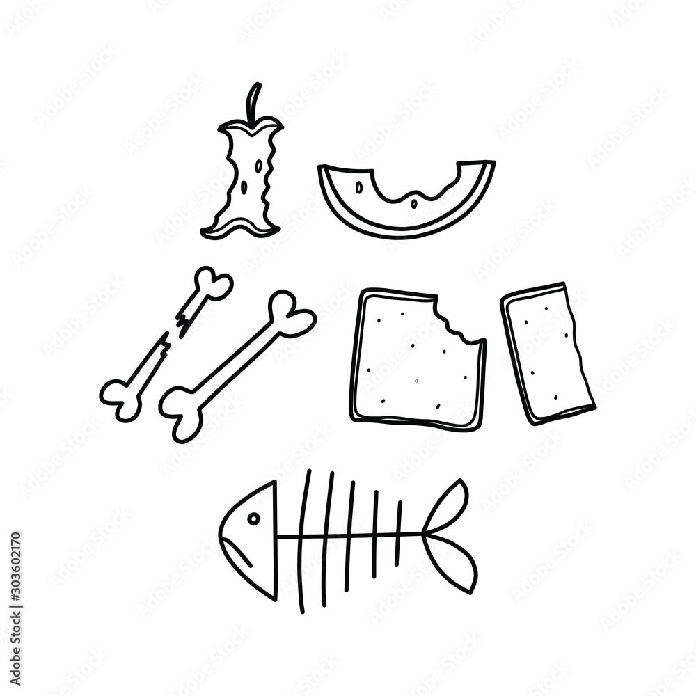 Doodle art of food waste icons. Elements for zero waste concept. Stock ...