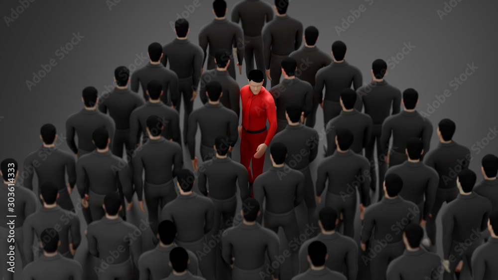 one human standing out from the crowd. The red man Walking through the ...