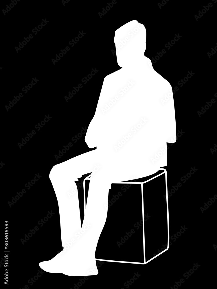 Man sitting on box. Stencil. Vector illustration of white silhouette of ...