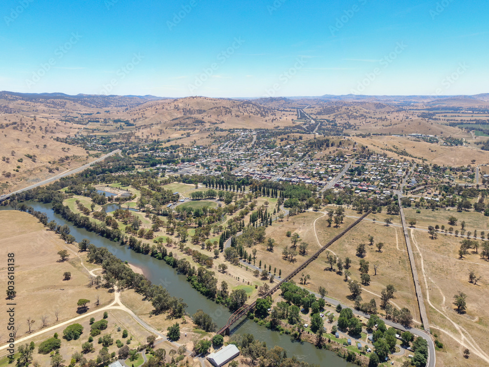 High angle XXL aerial drone view of the country town of Gundagai in New ...