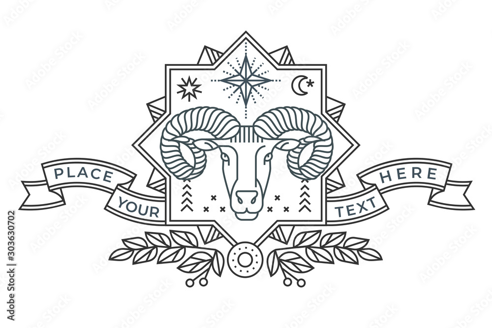 Emblem, badge with a ram head in the style of linear engravings ...