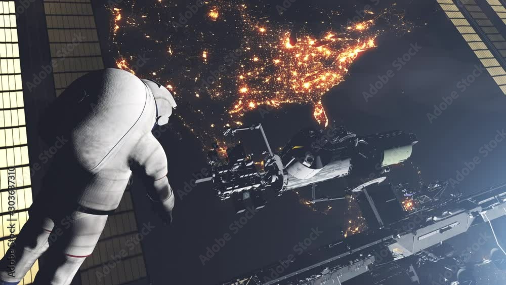 Astronaut back view realistic ISS orbiting Earth. International Space ...