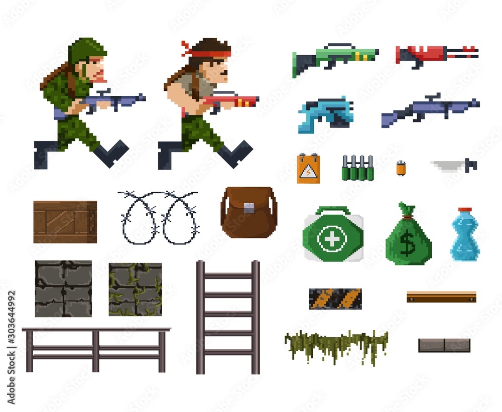 Pixel art objects and characters for shooter game vector illustration ... Pixel art objects and characters for shooter game vector illustration ...