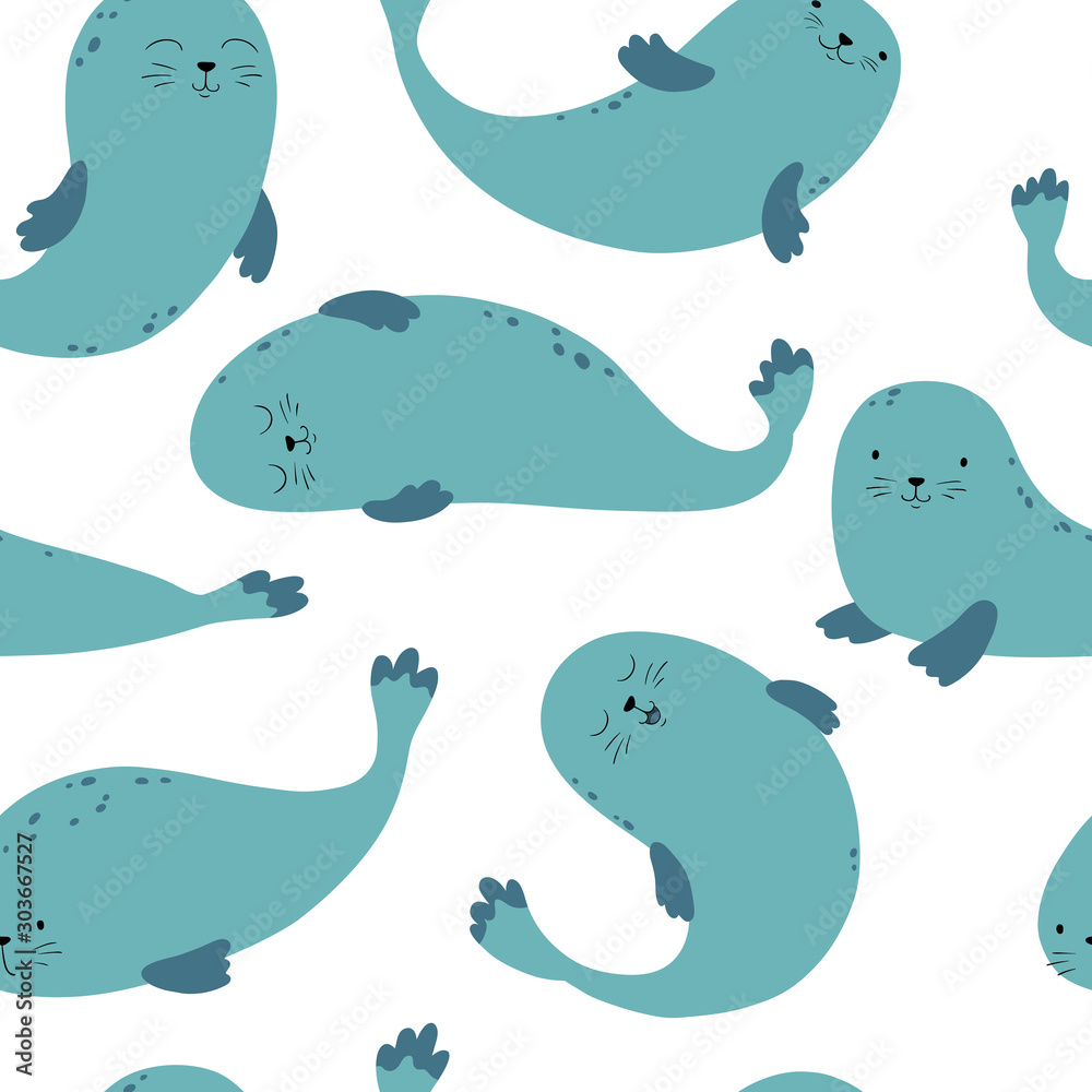 Fur seals seamless pattern. Vector cartoon illustration of a marine ...