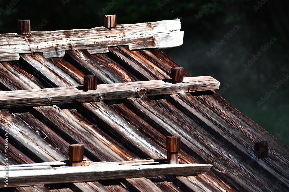 Partial view of a wooden onsen-roof in Nikko-Japan. Hot springs. Stock ...