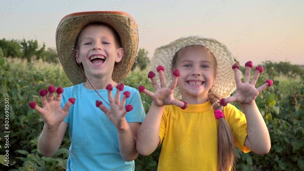 Two happy kids with raspberries. Brother and sister in straw hats laugh ...
