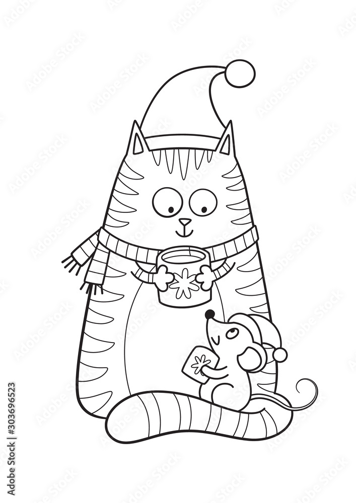 Doodle coloring book page cute cat and mouse tea party. Vector ...