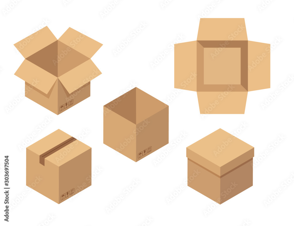 Set of open and closed boxes. Brown cardboard box top view. Vector ...
