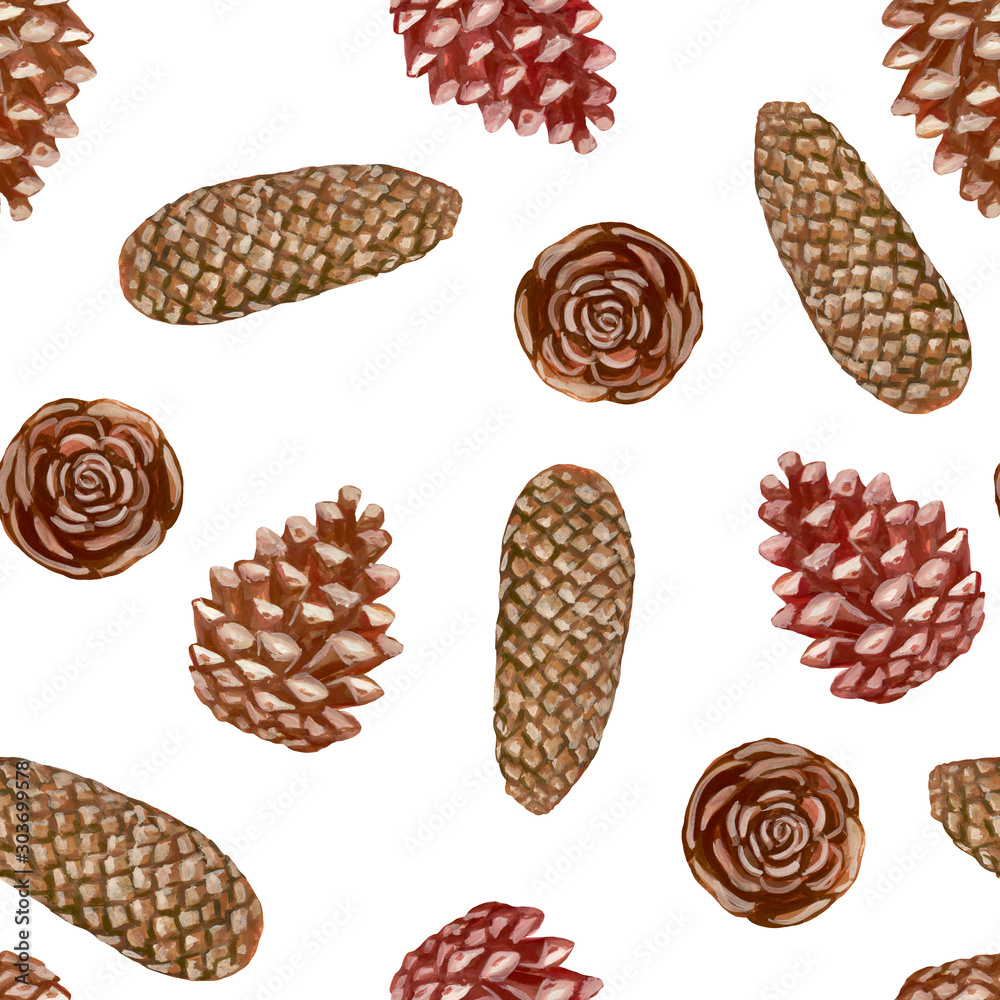Seamless pattern. Acrylic drawing of cones on a white background ...