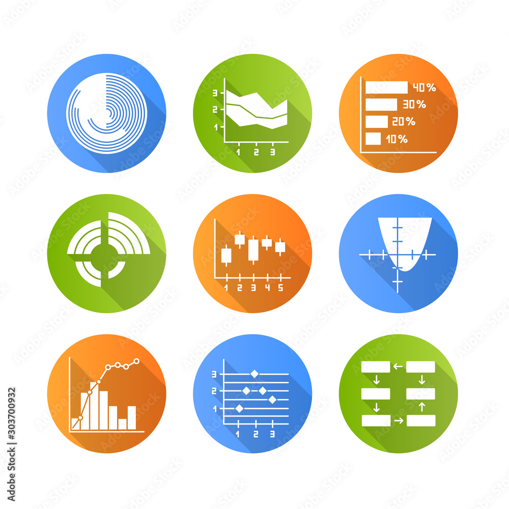 Vetor de Chart and graph flat design long shadow glyph icons set ...