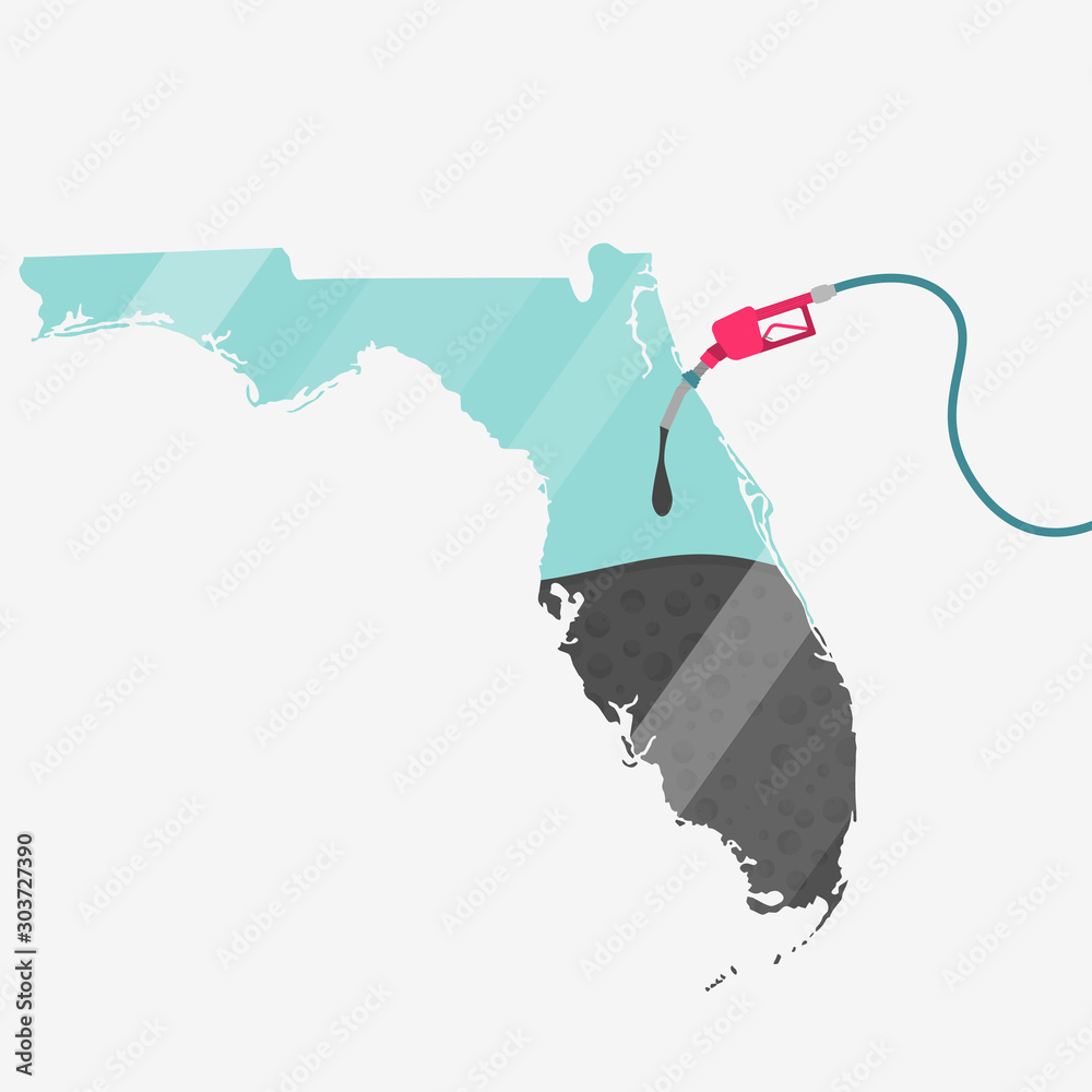 Map Florida, in USA, being fueled by oil. Gas pump fueled map. On the ...