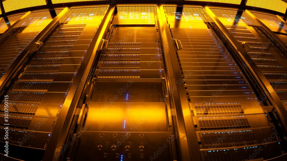 Server room corridor illuminated by orange light. Endless looping ...