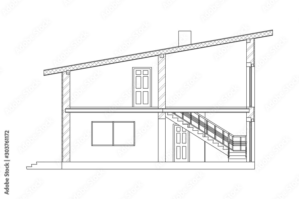 Architectural black and white background. Cross-section suburban house ...
