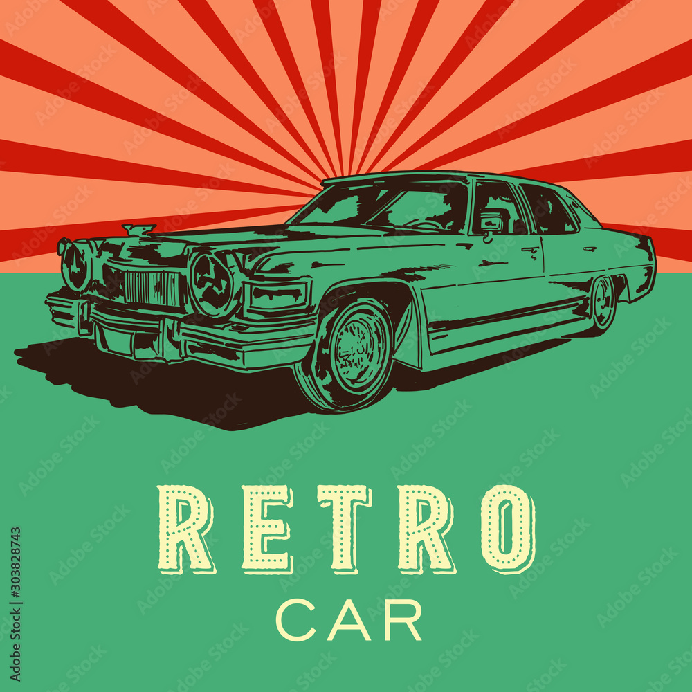 Retro Car. Vector poster. Drawing Vector Car Stock Vector | Adobe Stock