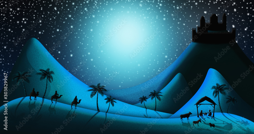 Christmas Nativity Scene Of Three Wise Men Magi Going To Meet Baby ...