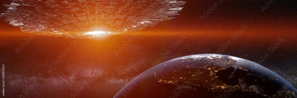 alien spaceship, UFO in orbit of planet Earth Stock Illustration ...