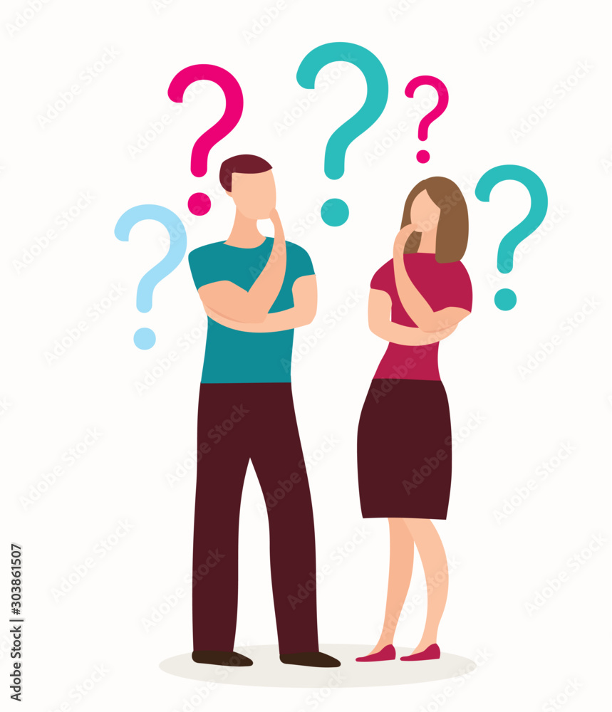 Thoughtful people, man and woman thinking, question mark.Thinking ... Thoughtful people, man and woman thinking, question mark.Thinking ...