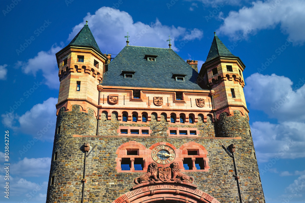 Historical cultural monument tower landmark called `Nibelungenbrücke ...