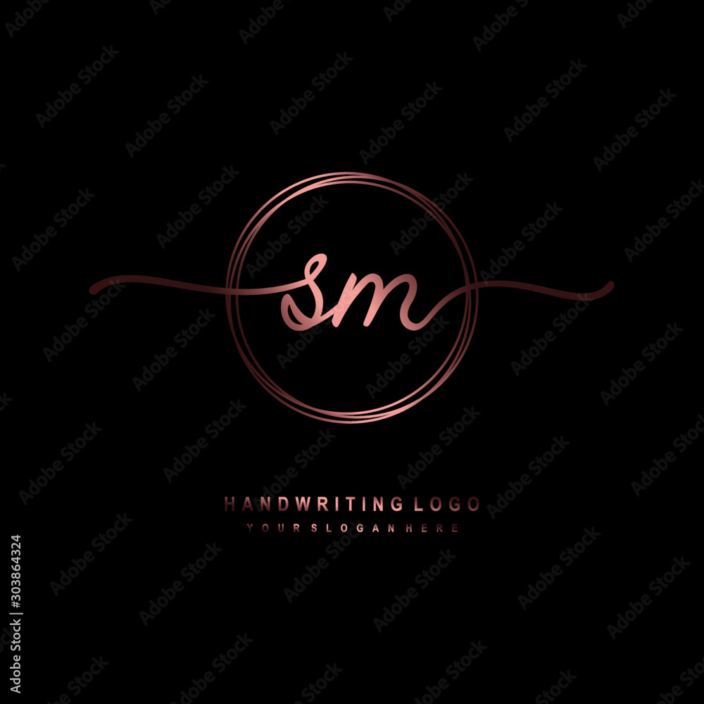 SM Initial handwriting logo design with circle lines dark pink ...