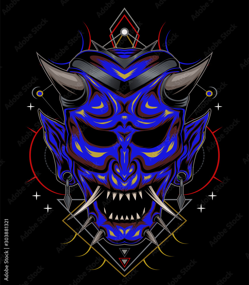 kabuki illustration. devil face illustration. vector head of red demon ...