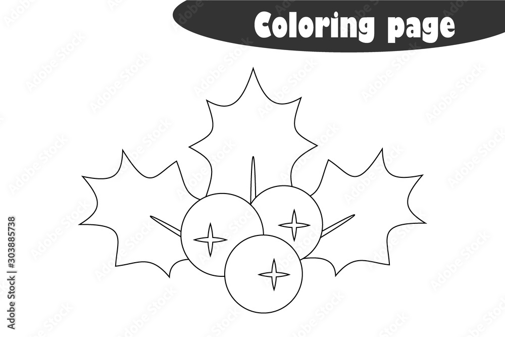 Holly berry in cartoon style, coloring page, christmas education paper ...