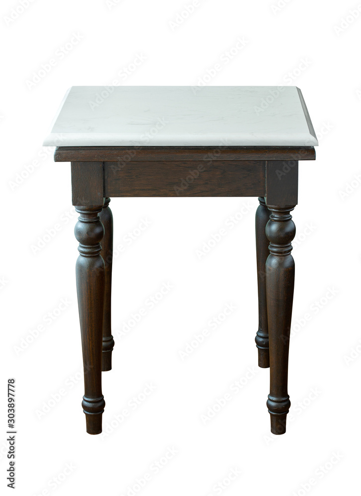 White Stone Marble Table Top with Wooden Legs Isolated on White with ...