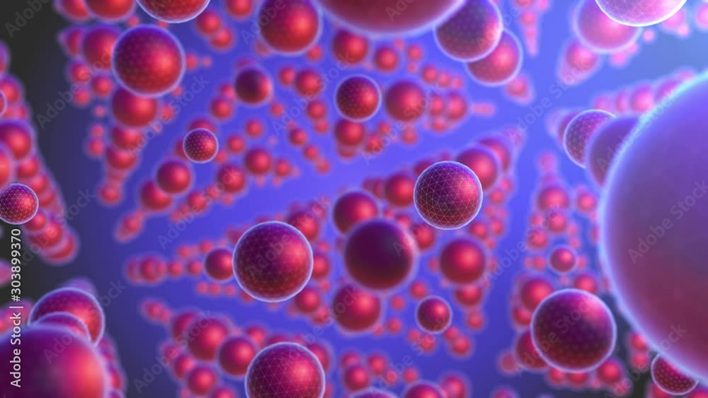 Simulation of atoms on a blue background. 3D animation molecule ...