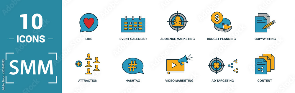 Smm icon set. Include creative elements content, copywriting, user ...