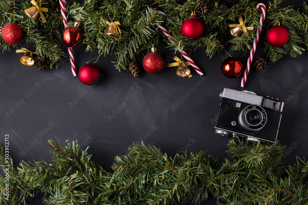 Christmas background and a camera lying on its side. Stock Photo ...